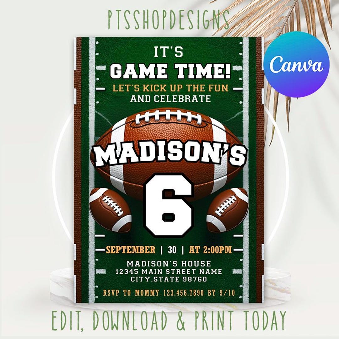 Editable Football Birthday Party Invitation: Game Time Sports Invite ...