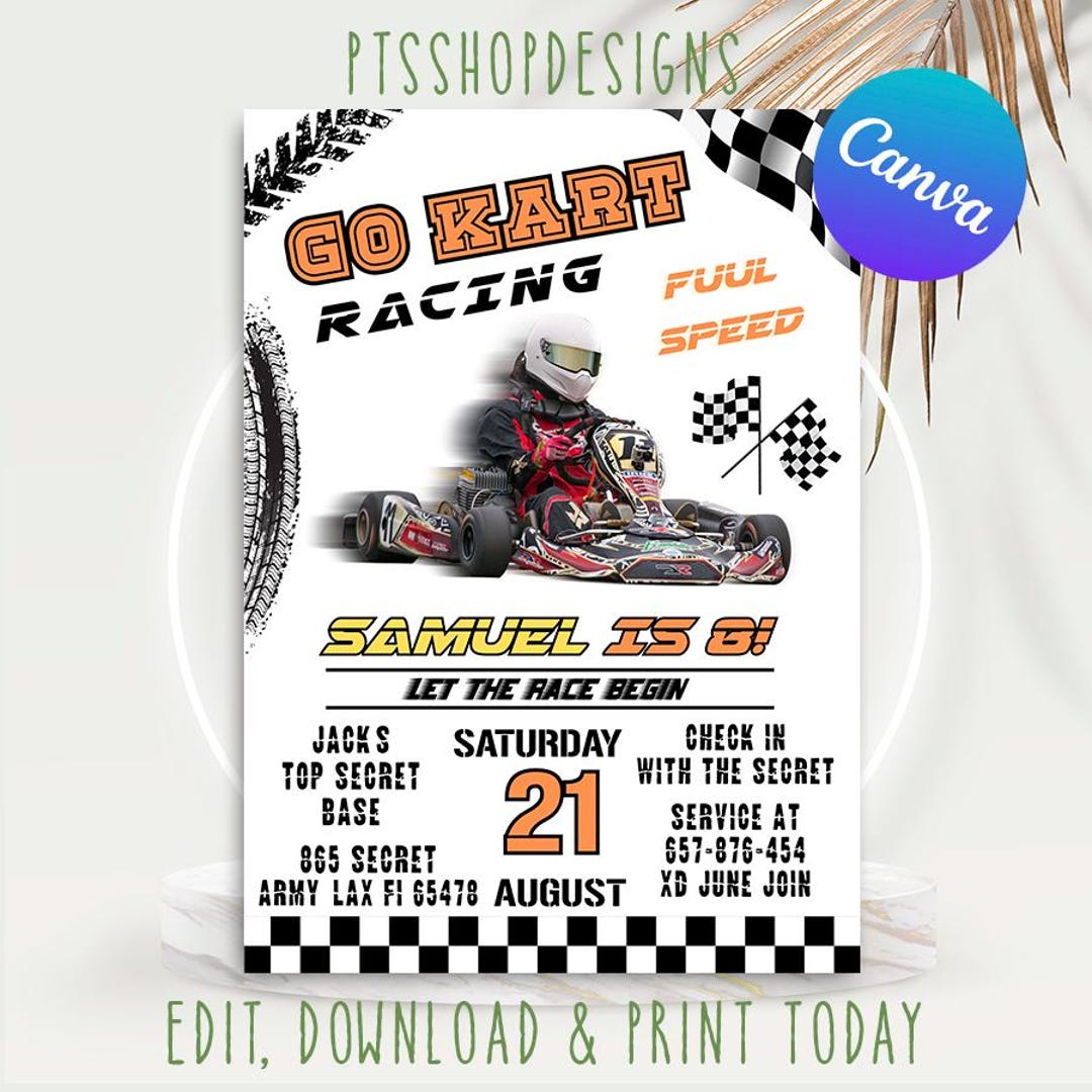 Go Kart Racing Birthday Invitation: Editable Canva Template (5x7 Inches ...