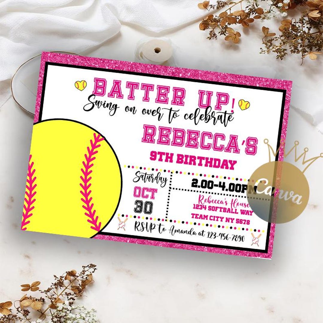 Softball Birthday Party Invitation, Softball Invitation, Softball ...