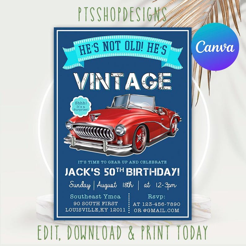 Vintage Classic Car Birthday Invitation for Men (5x7 Digital Download ...