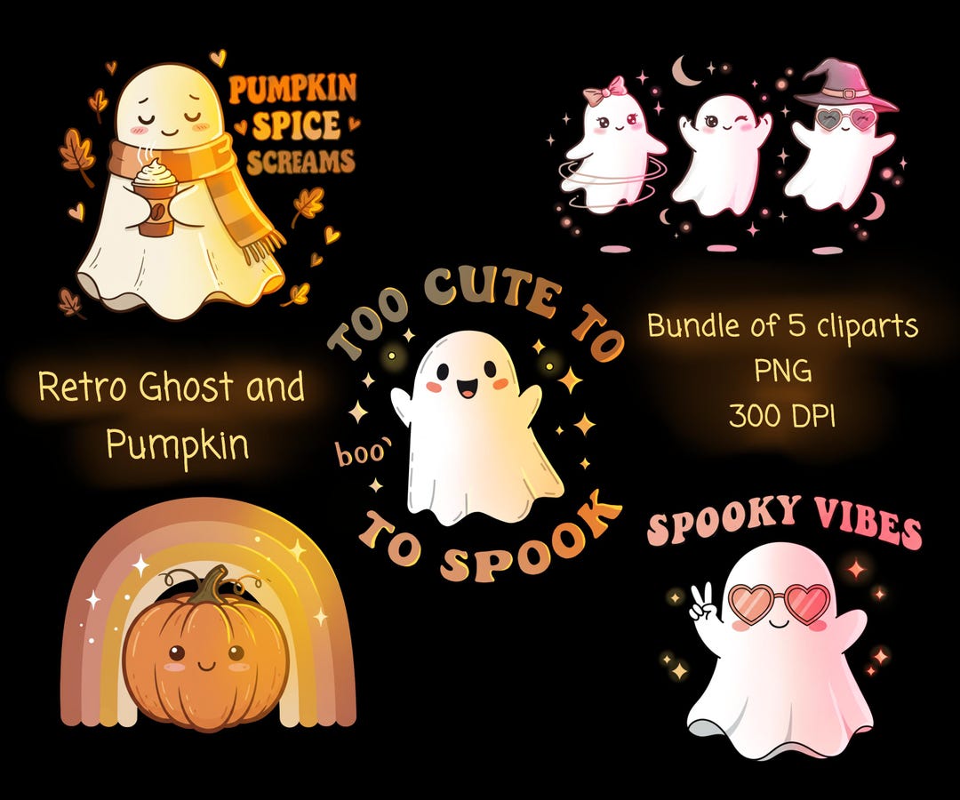 Retro Halloween PNG Clipart Bundle: Spooky Ghost & Pumpkin Designs ...