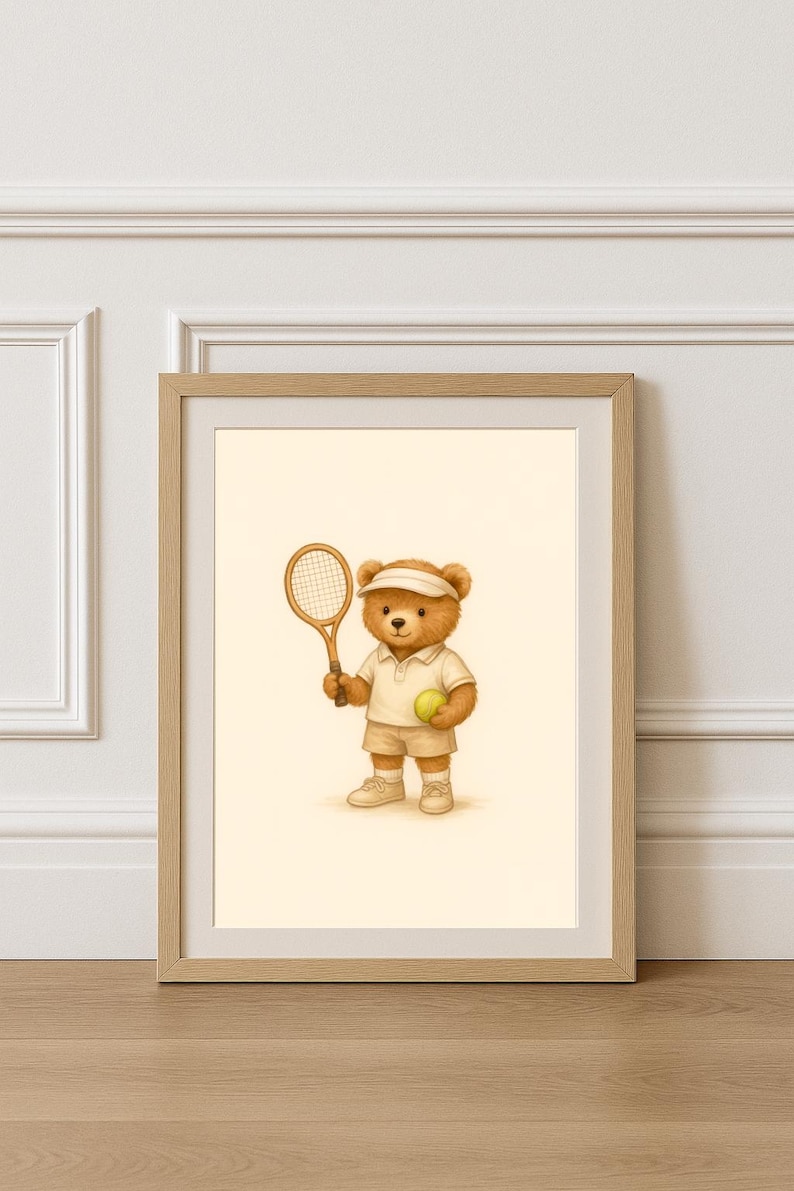 Vintage Tennis Teddy Bear Printable Wall Art - Kids Sports Room Decor ...