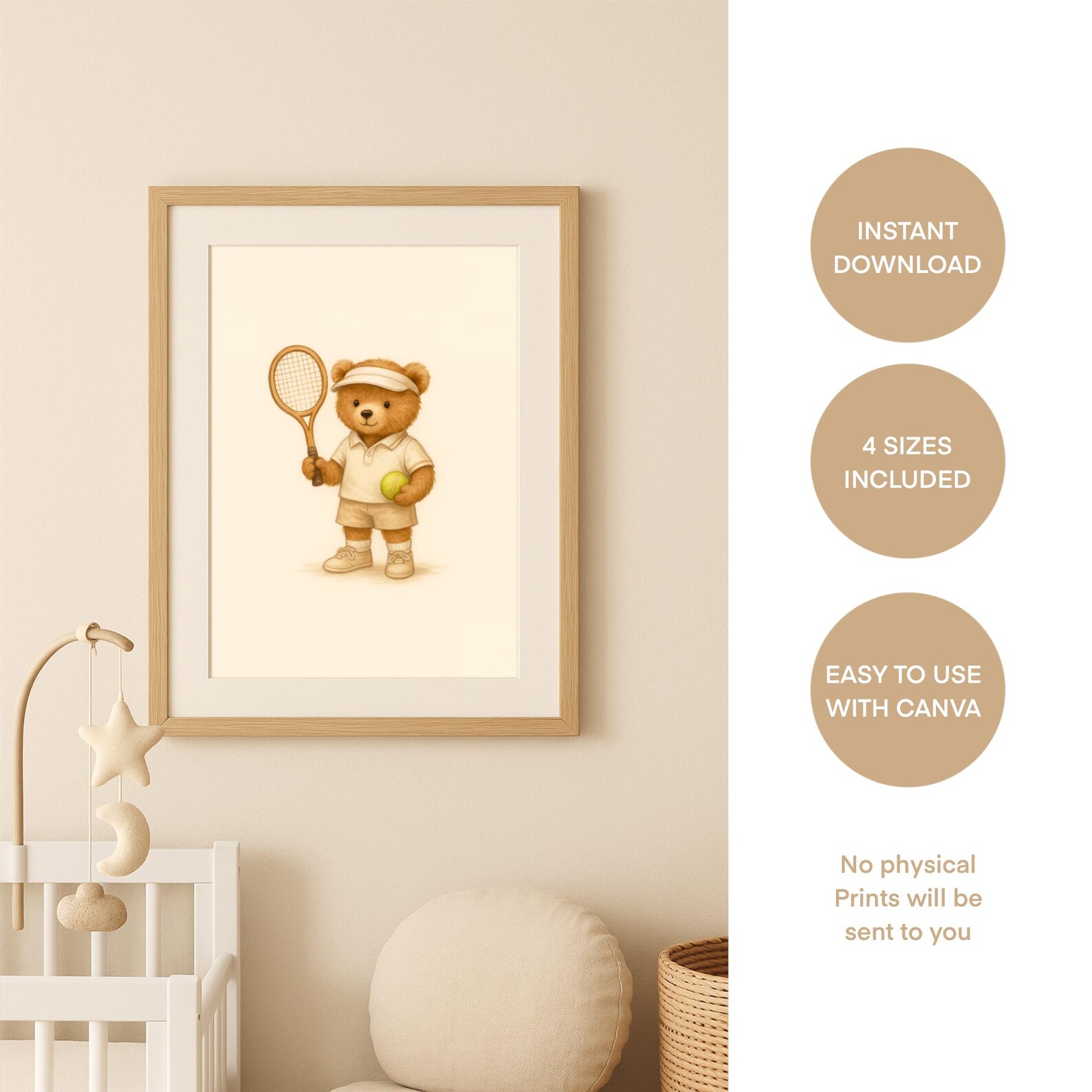 Vintage Tennis Teddy Bear Printable Wall Art - Kids Sports Room Decor ...