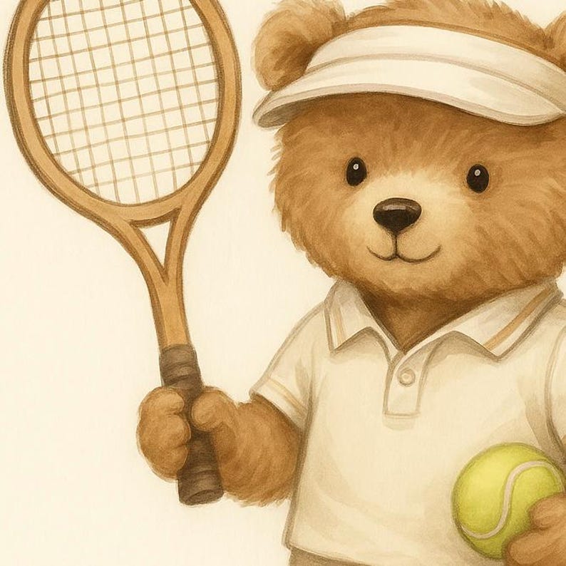 Vintage Tennis Teddy Bear Printable Wall Art - Kids Sports Room Decor ...