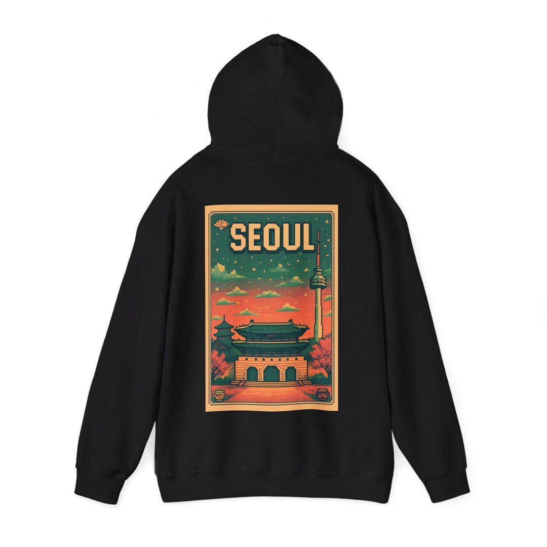 Seoul Vintage Graphic Pixelated Hoodie, Cozy Travel Apparel, Unisex ...