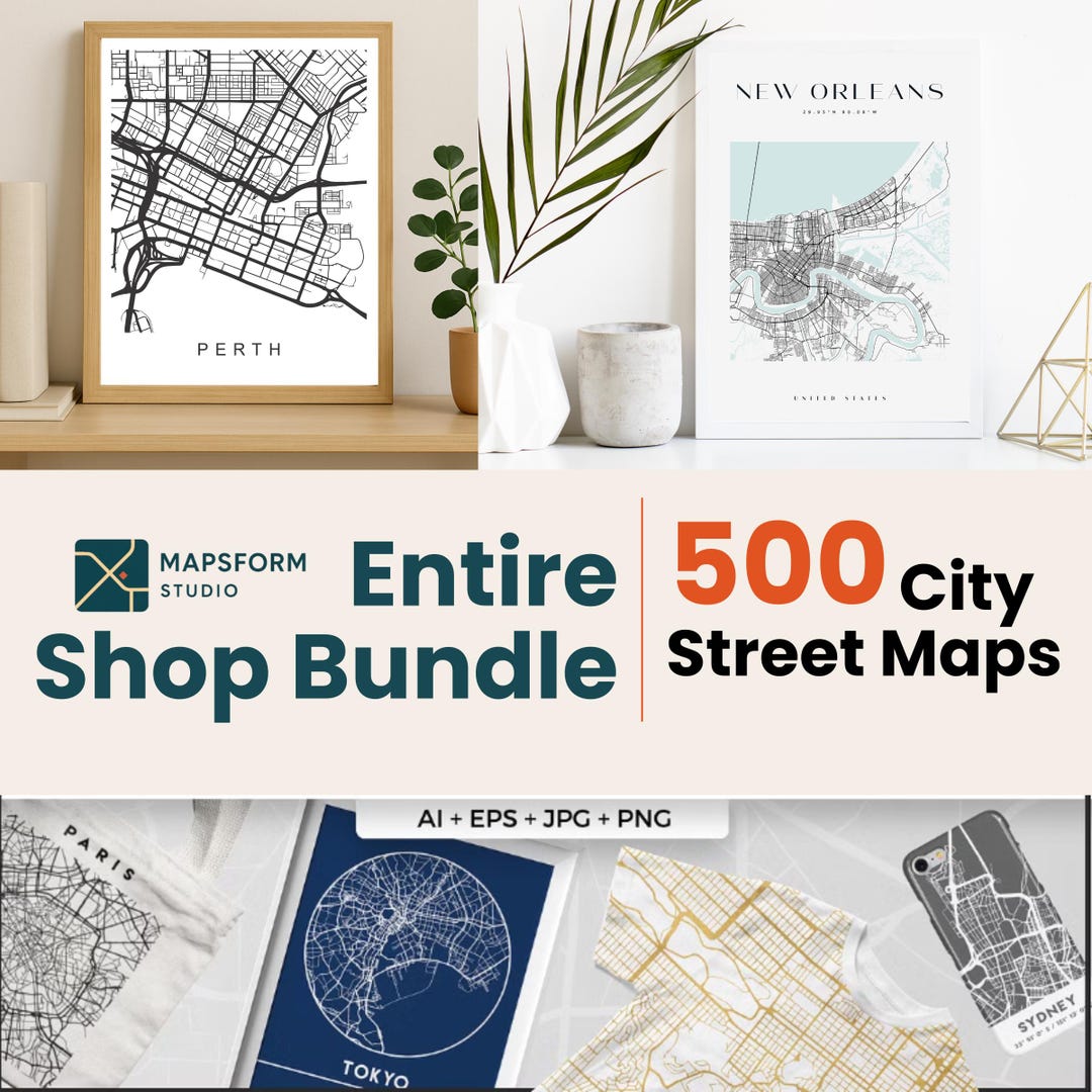 Entire Shop Bundle – 500 Digital City Street Maps | Round, Heart ...