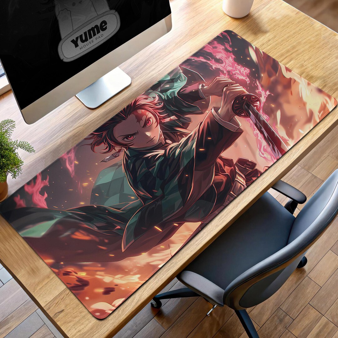 Tanjiro Demon Slayer Gaming Desk Mat, Anime Mouse Pad, Flame Sword Desk ...