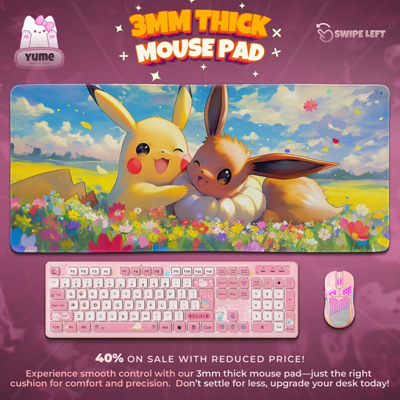 Pikachu and Eevee Gaming Mouse Pad, Cute Pokemon Desk Mat, Sunny Field ...