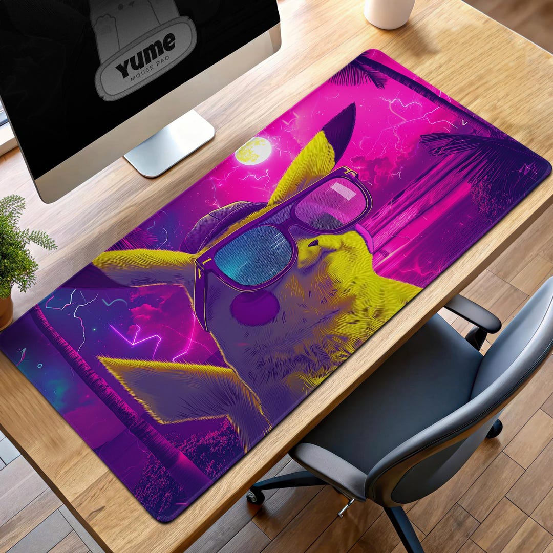 Neon Pikachu Gaming Mouse Pad, Retro 80s Pokemon Desk Mat, Vaporwave ...