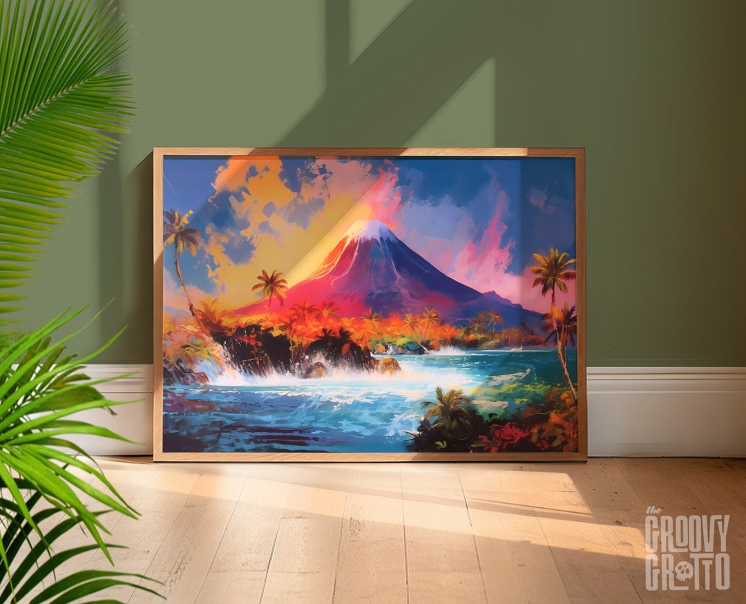 Exotic Volcano Fantasy Island Art Print | Vintage Travel Art | Tropical ...