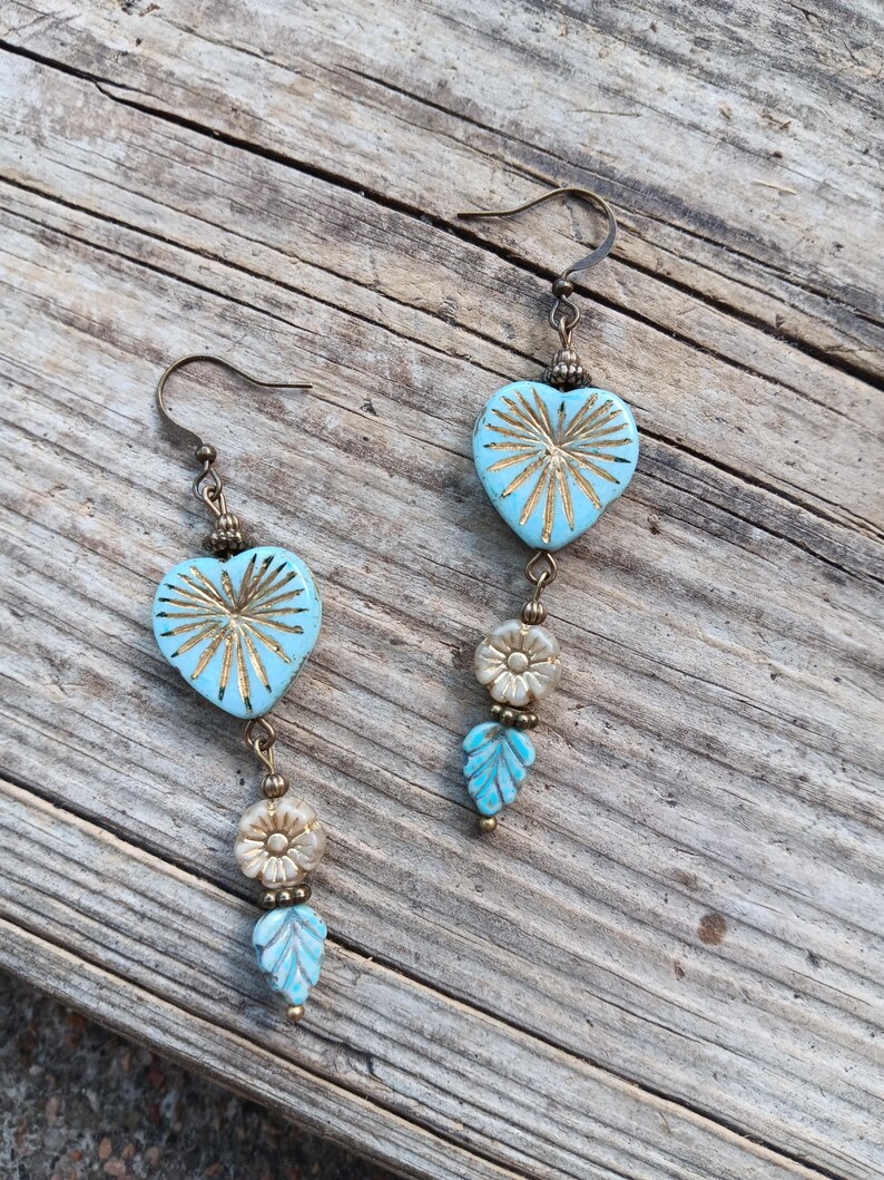 Czech Glass Light Blue Dangle Heart Earrings - Etsy