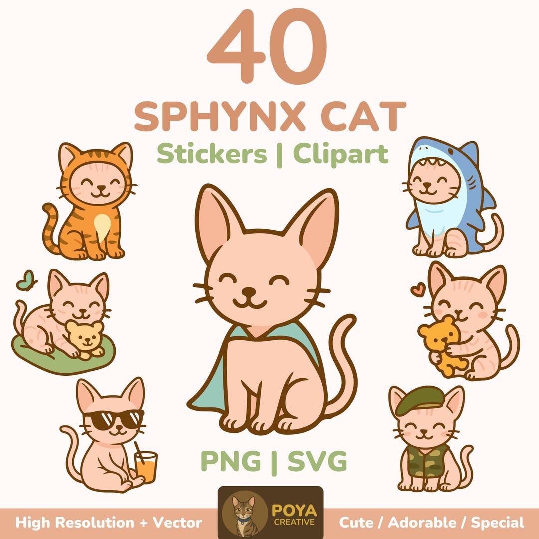Kawaii Sphynx Cat Stickers: 40 PNG & SVG Clipart, Digital Journaling - Etsy