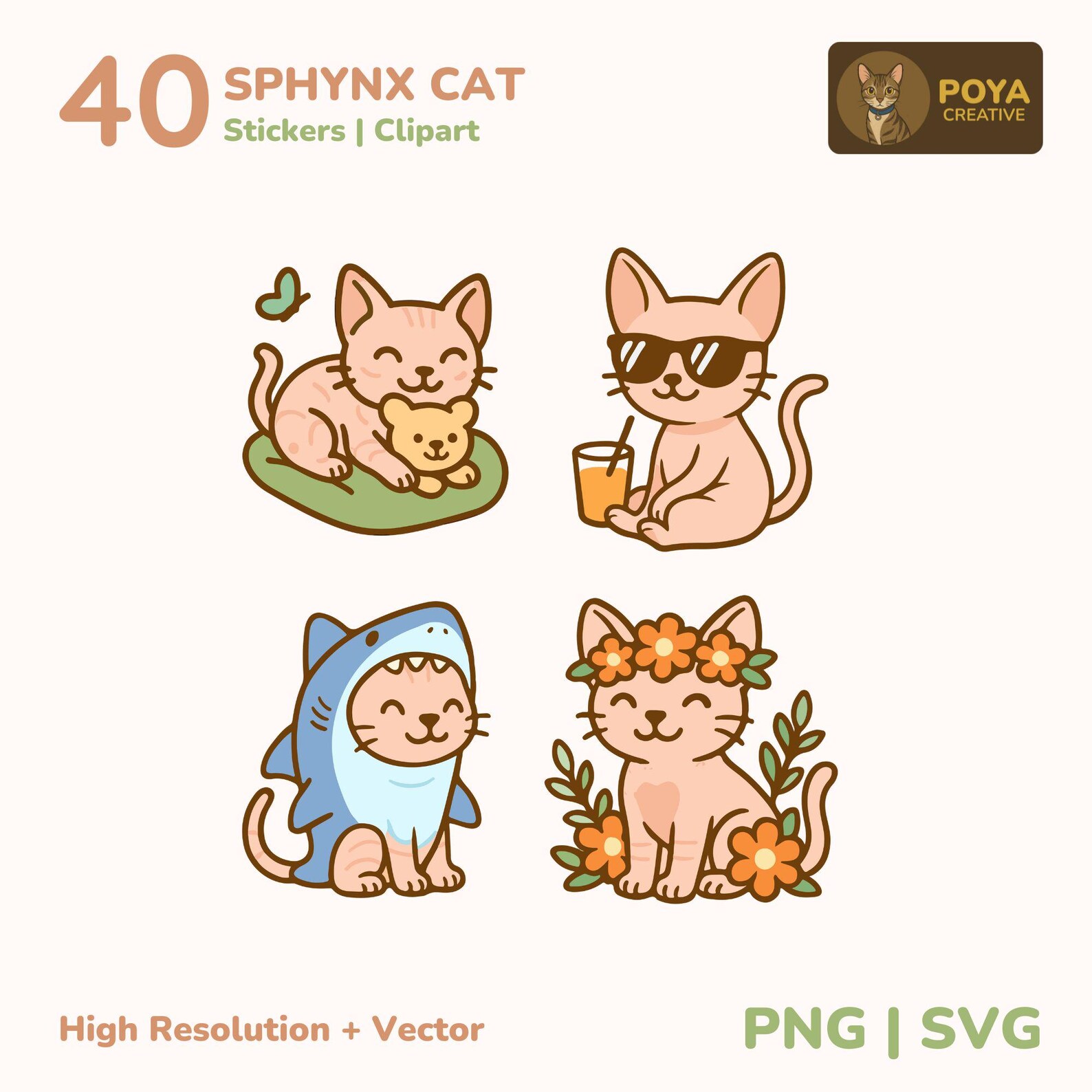 Kawaii Sphynx Cat Stickers: 40 PNG & SVG Clipart, Digital Journaling - Etsy