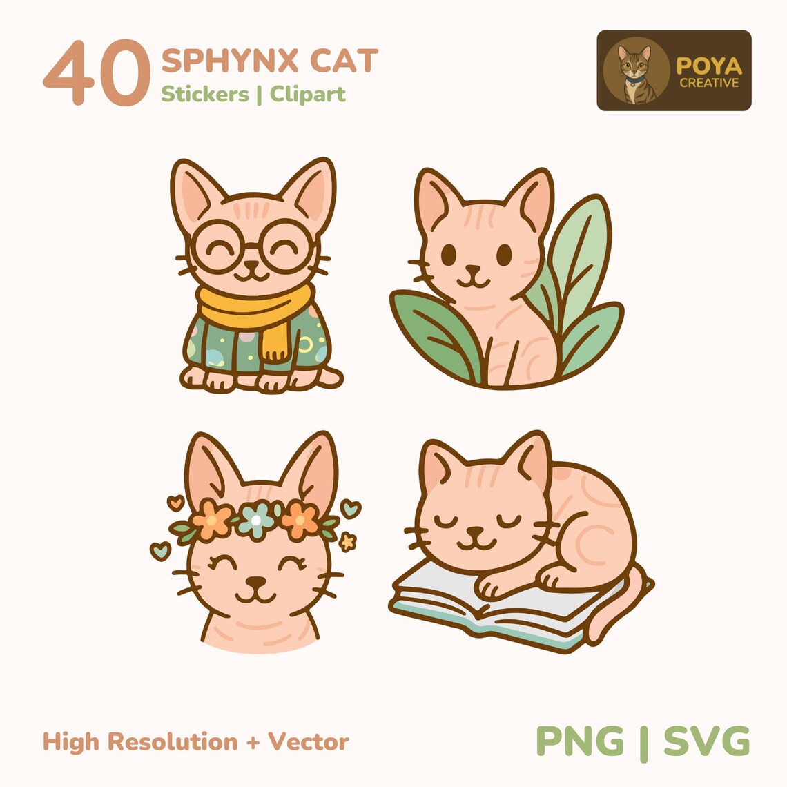 Kawaii Sphynx Cat Stickers: 40 PNG & SVG Clipart, Digital Journaling - Etsy