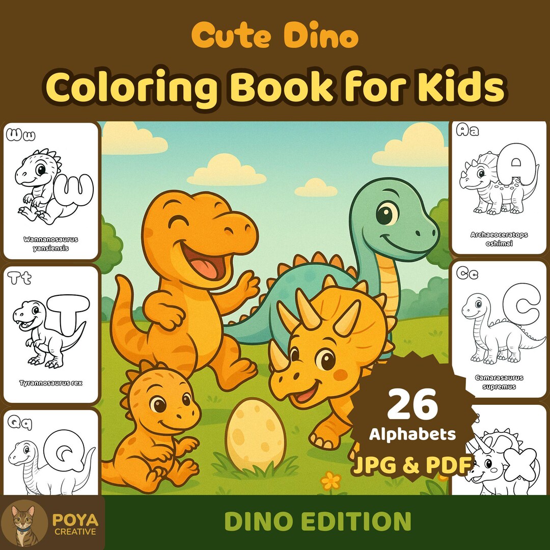Cute ABC Dinosaur Coloring Book, Kids Educational Printable (digital ...