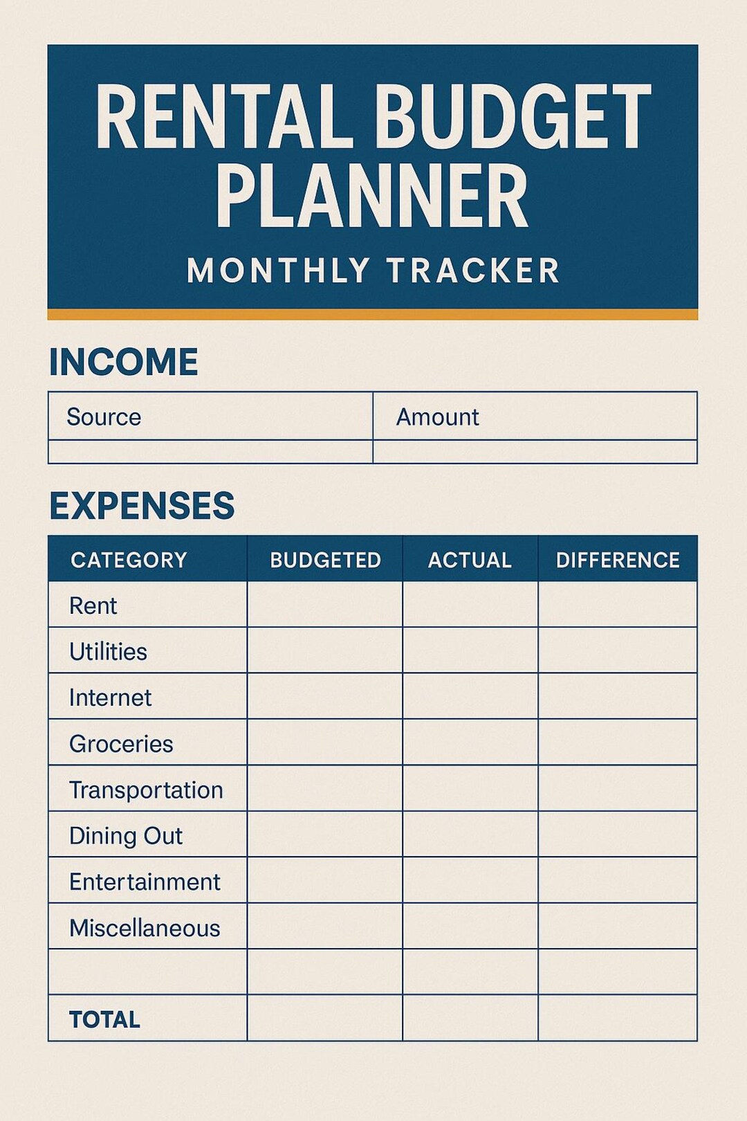 Rental Budget Planner for Renters, Monthly Budget and Yearly Total ...