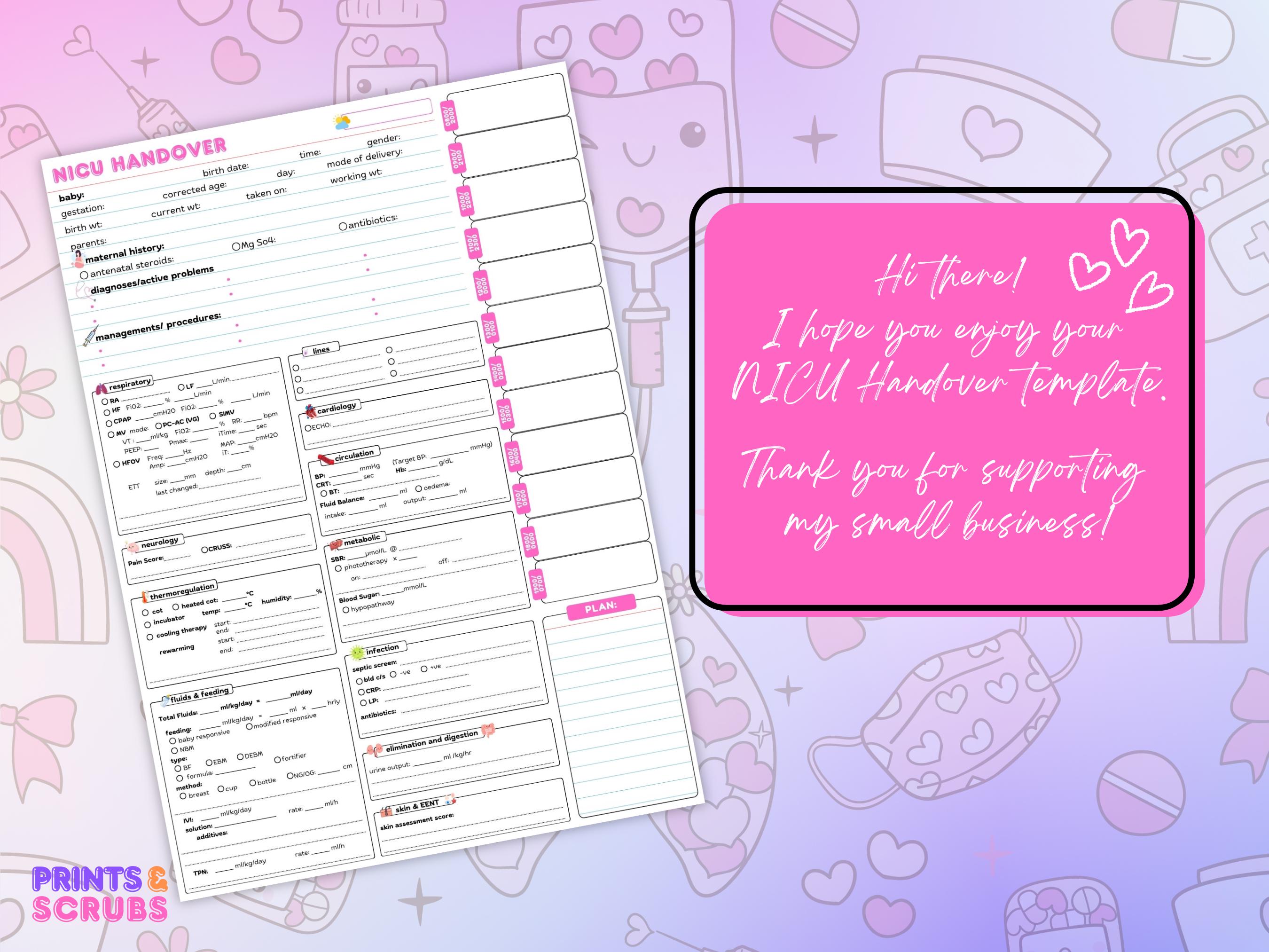 NICU Nurse Report Sheet: Printable Handover Template (digital Download ...