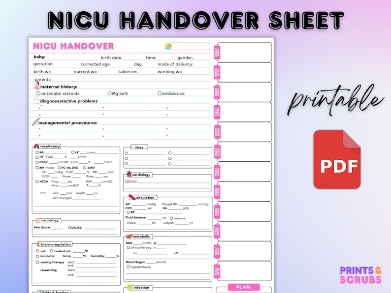 NICU Nurse Report Sheet: Printable Handover Template (digital Download ...