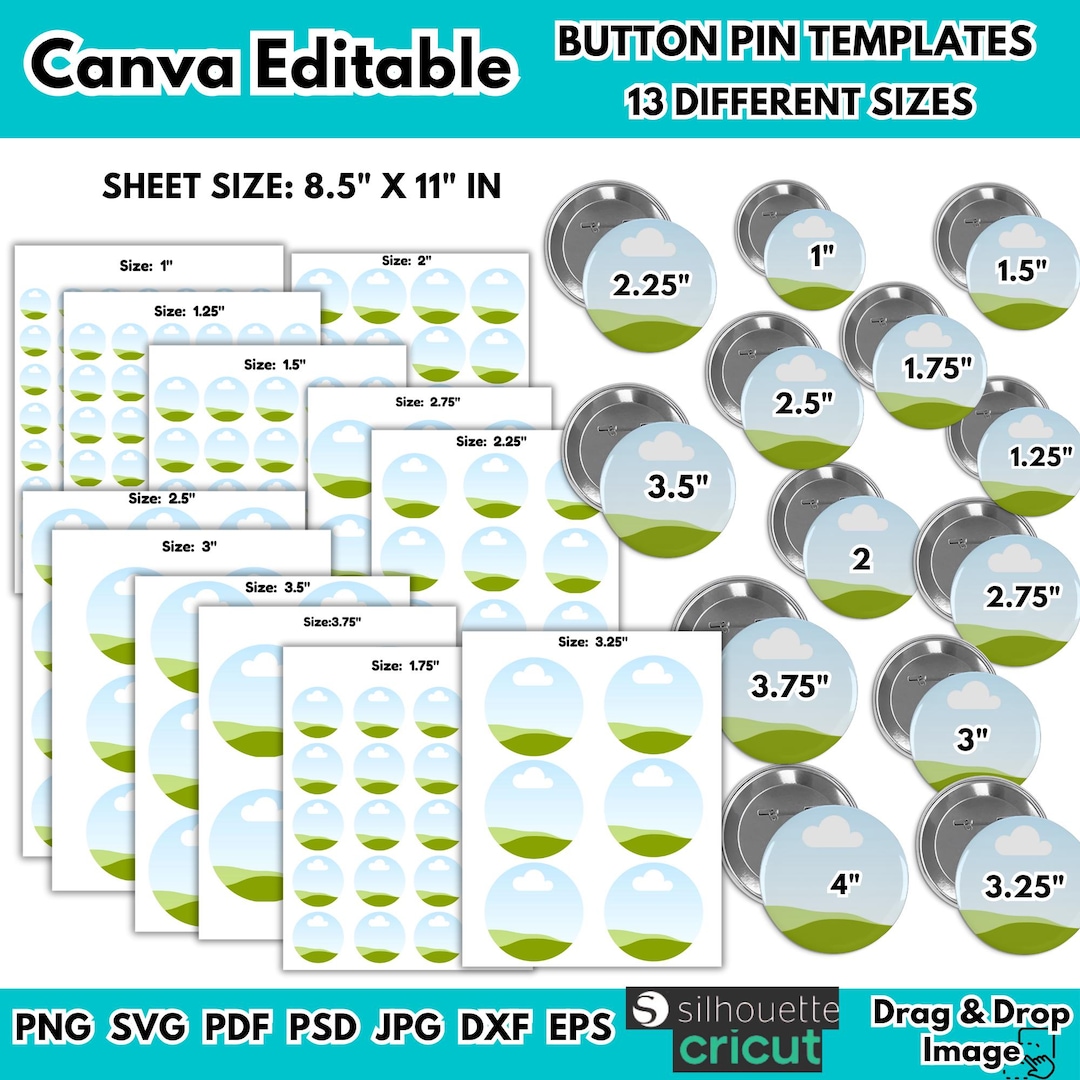 Button Pin Template Bundle Editable Canva Frame Sublimation 2 3.5 1.75 ...