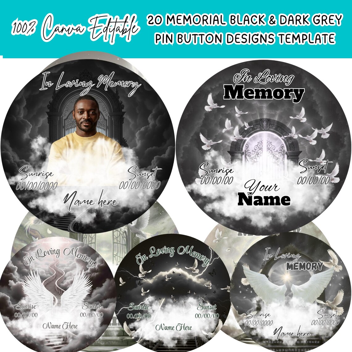 20 in Loving Memory Pin Button Template, Black & Dark Grey Memorial RIP ...