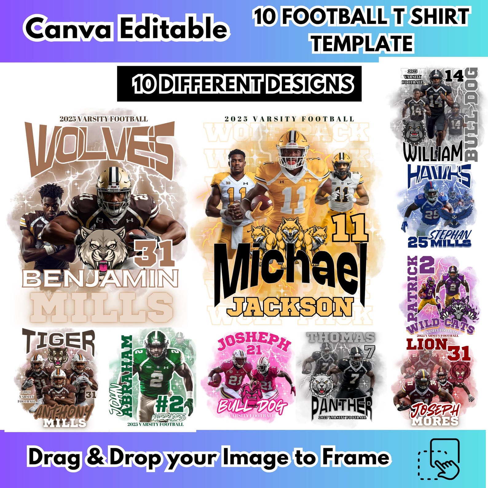10 Editable Football T-shirt Template Bundle Canva Editable Custom ...