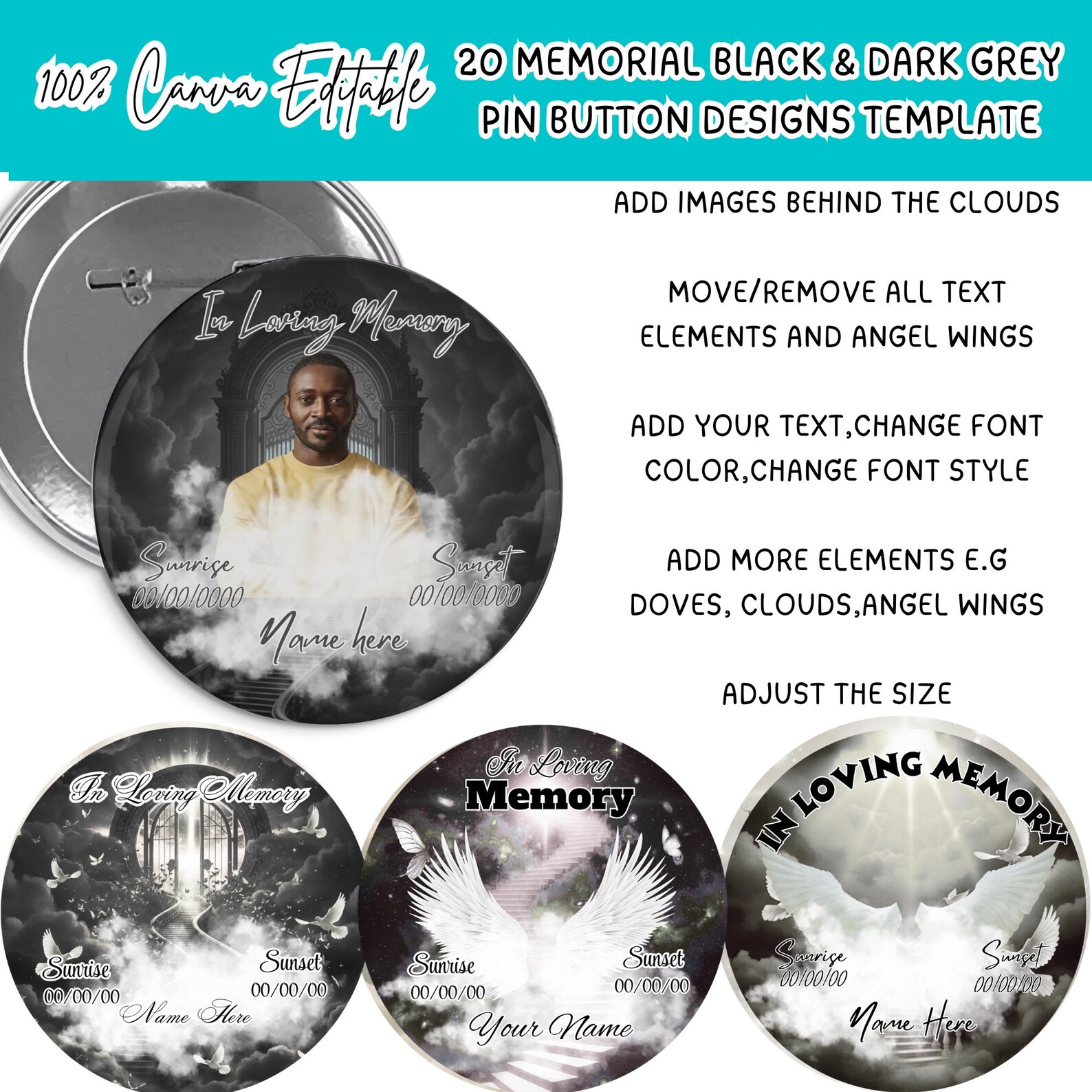 20 in Loving Memory Pin Button Template, Black & Dark Grey Memorial RIP ...