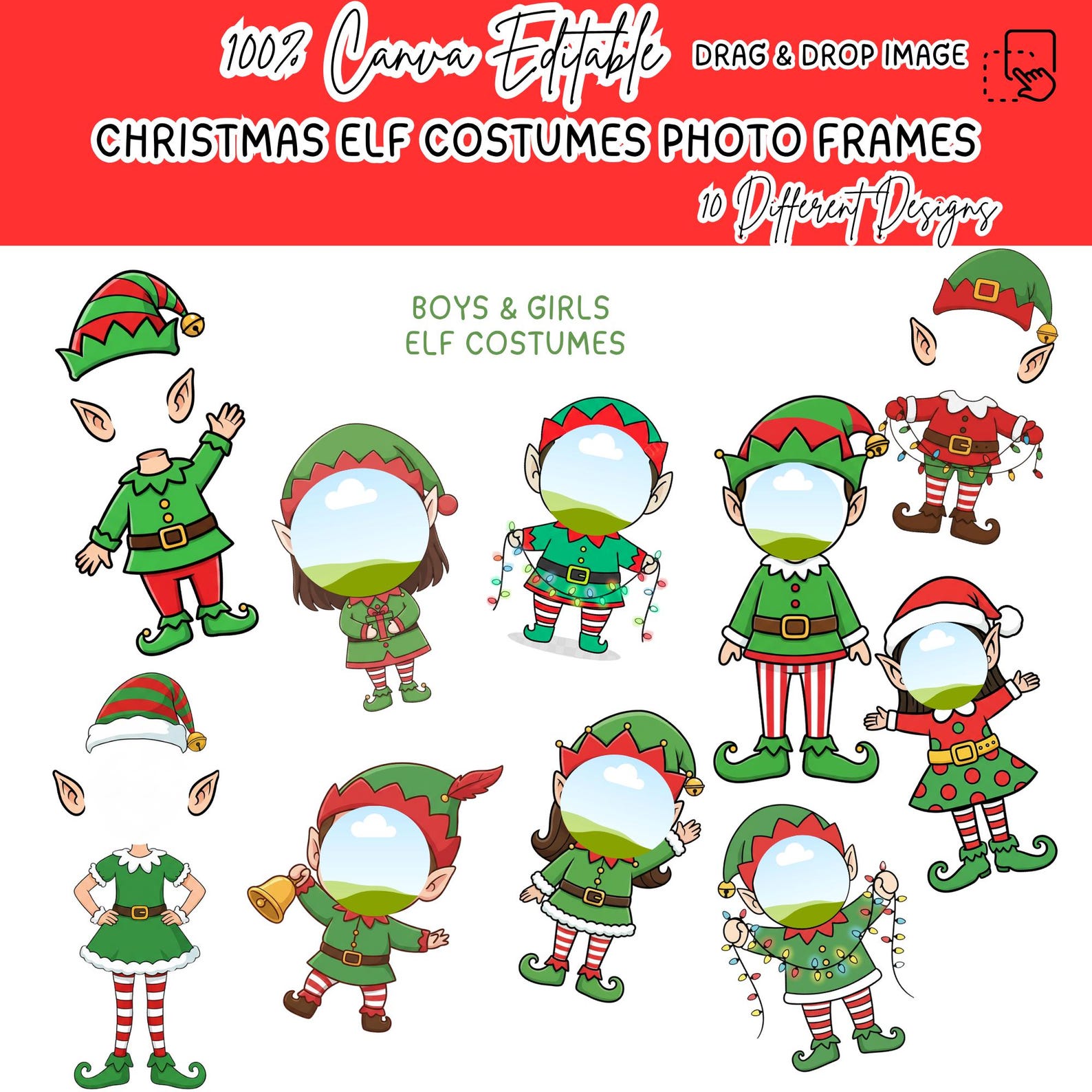 10x Christmas Elf Costumes Add Your Own Photo Face, DIY Elf Yourself ...