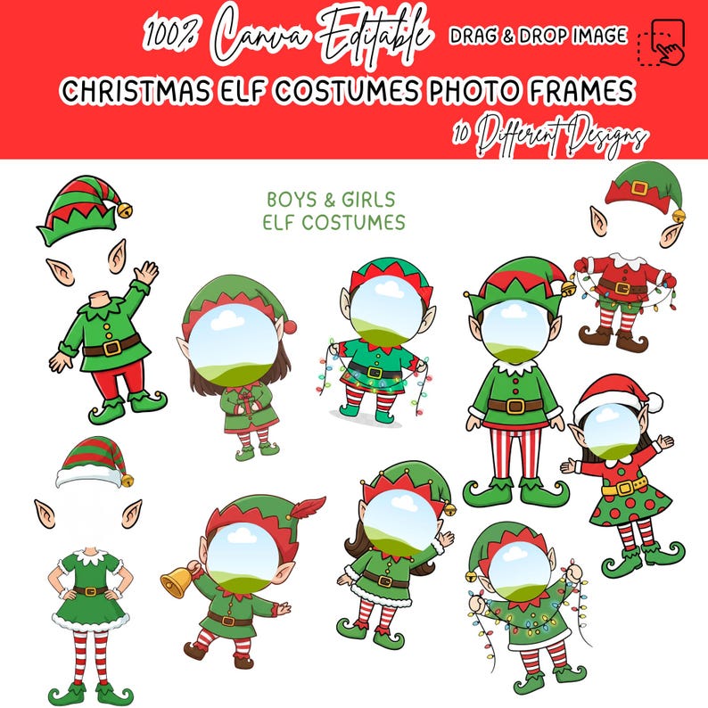 10x Christmas Elf Costumes Add Your Own Photo Face, DIY Elf Yourself ...
