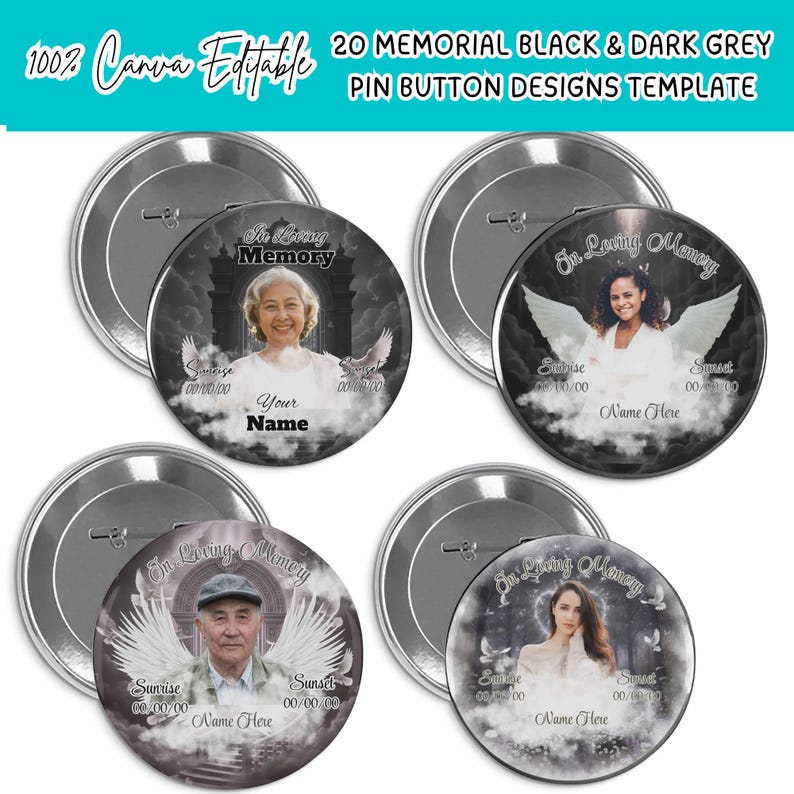 20 in Loving Memory Pin Button Template, Black & Dark Grey Memorial RIP ...