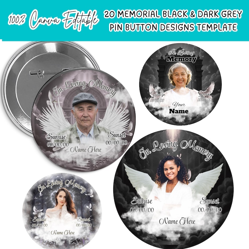 20 in Loving Memory Pin Button Template, Black & Dark Grey Memorial RIP ...