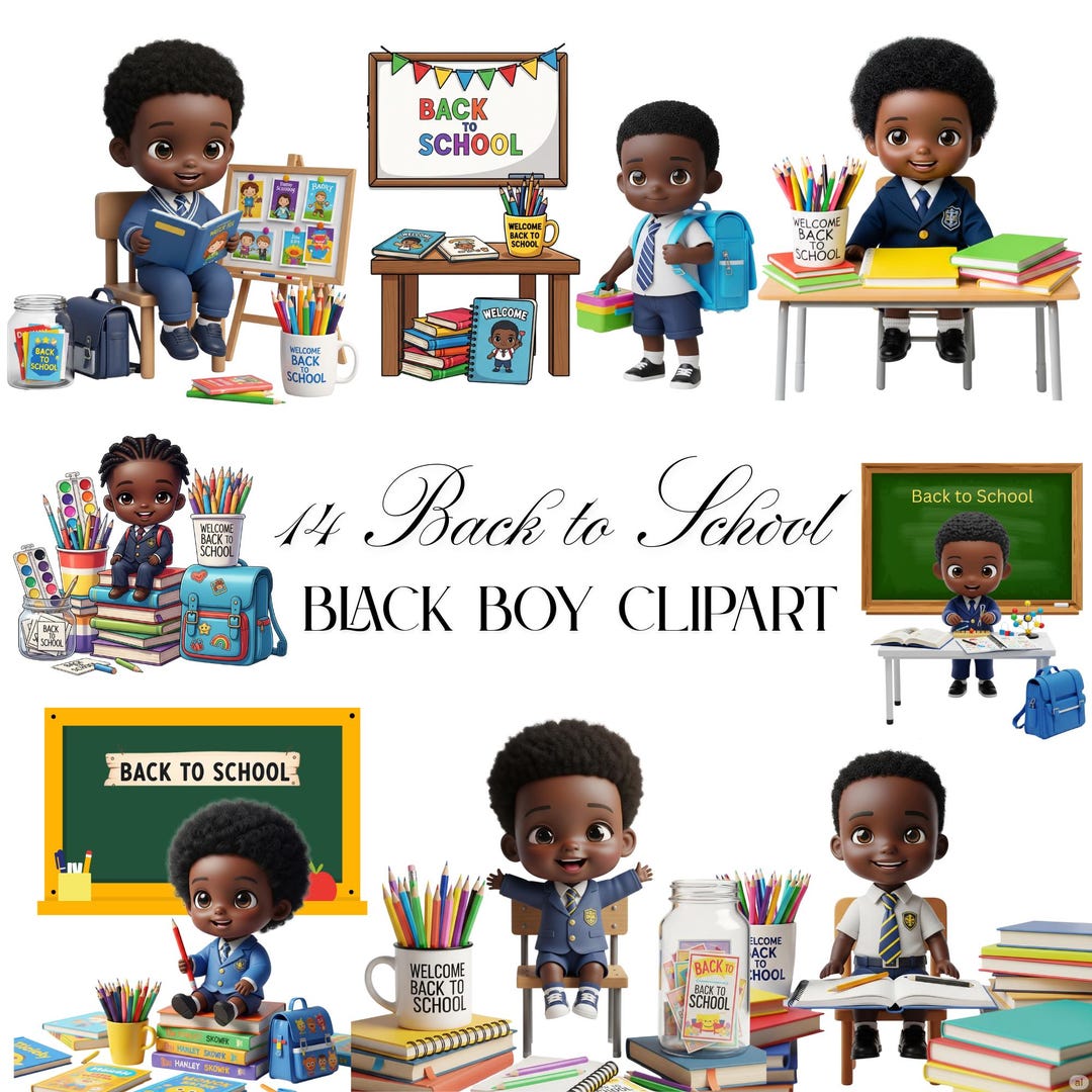 Black Boy Back to School Clipart: Afro Boy With Books PNG (digital ...