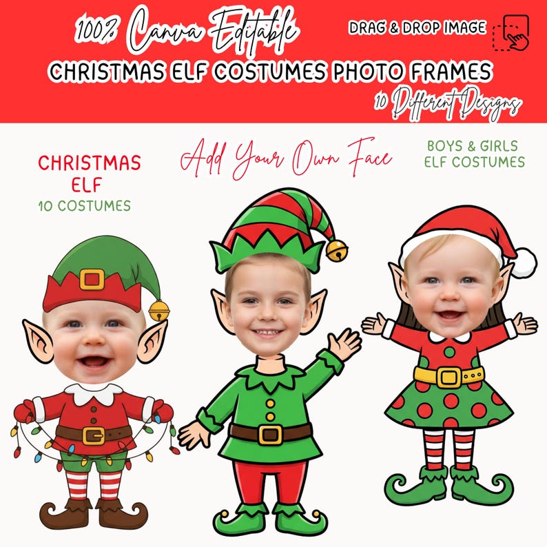 10x Christmas Elf Costumes Add Your Own Photo Face, DIY Elf Yourself ...