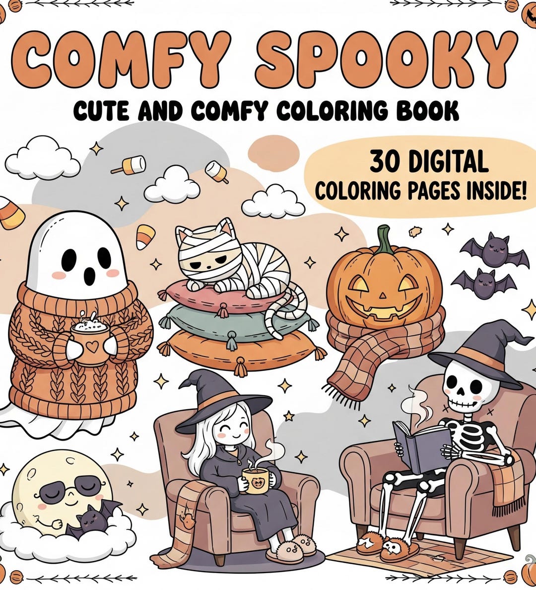 Comfy Spooky 30 Page Cozy Coloring Book Digital Halloween Coloring ...