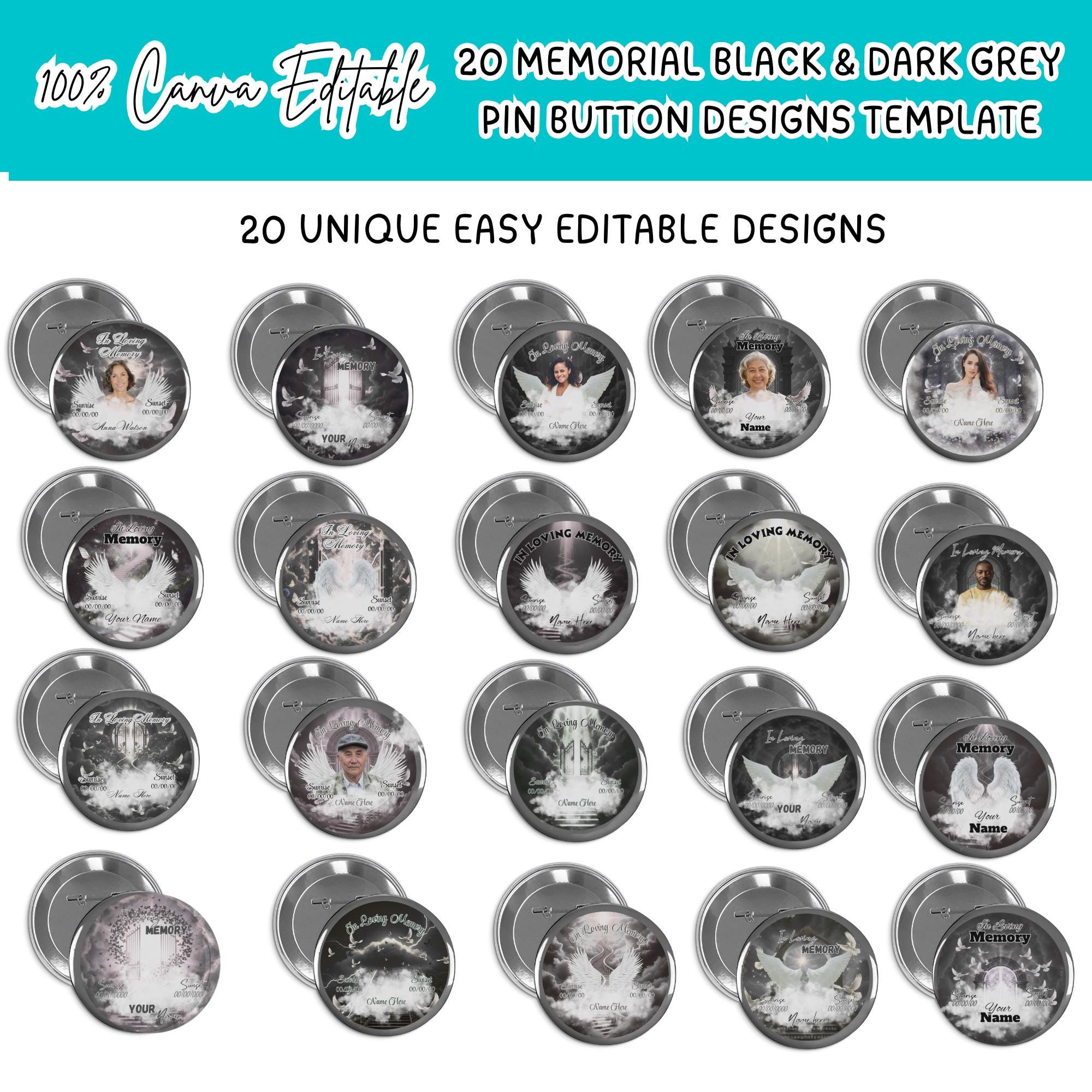 20 in Loving Memory Pin Button Template, Black & Dark Grey Memorial RIP ...