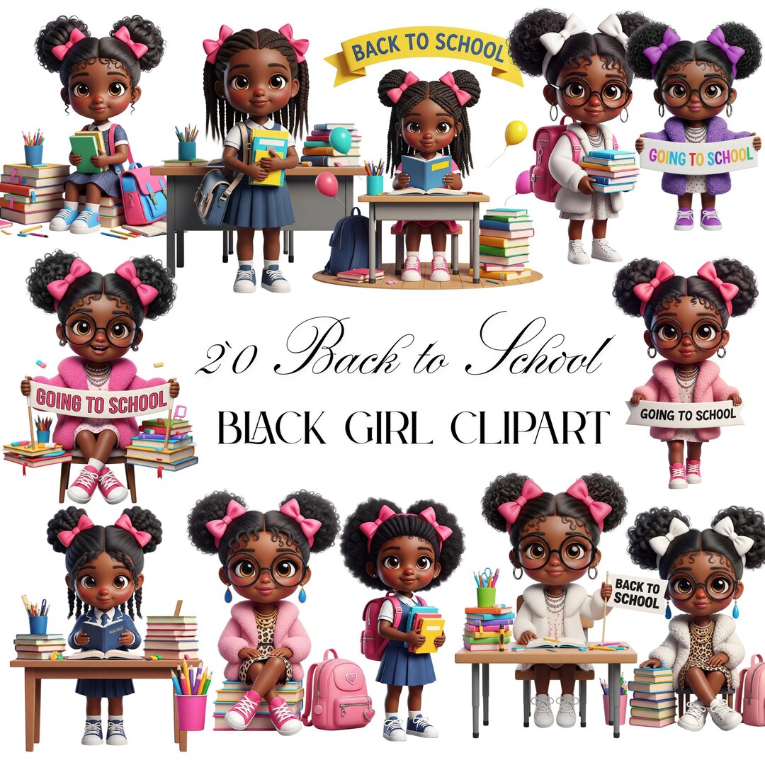 Black Girl Back to School Clipart: Afro Girls With Books (PNG Digital ...