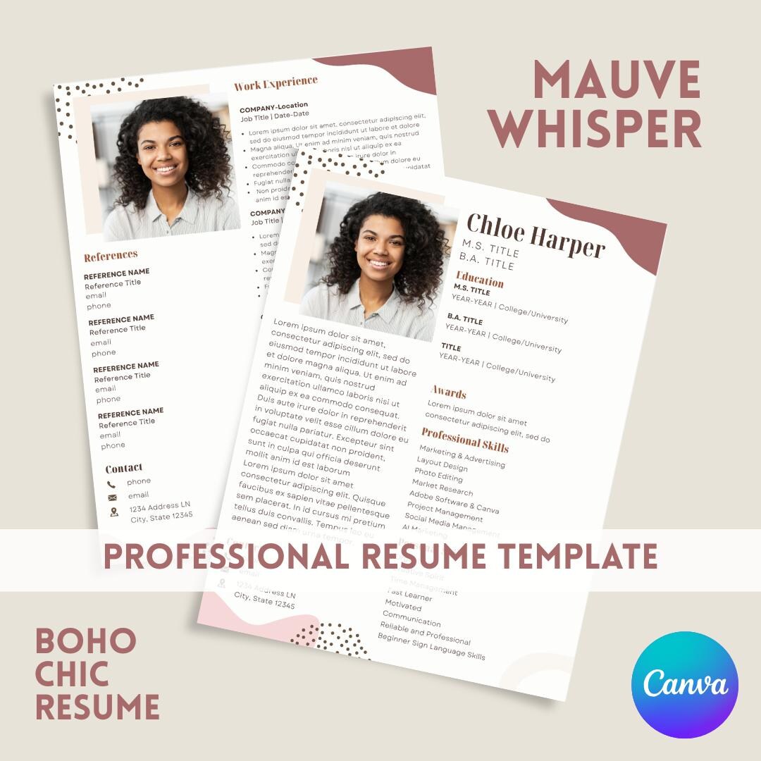 Boho Chic Resume Template | Editable Canva Resume With 7 Color Palettes ...