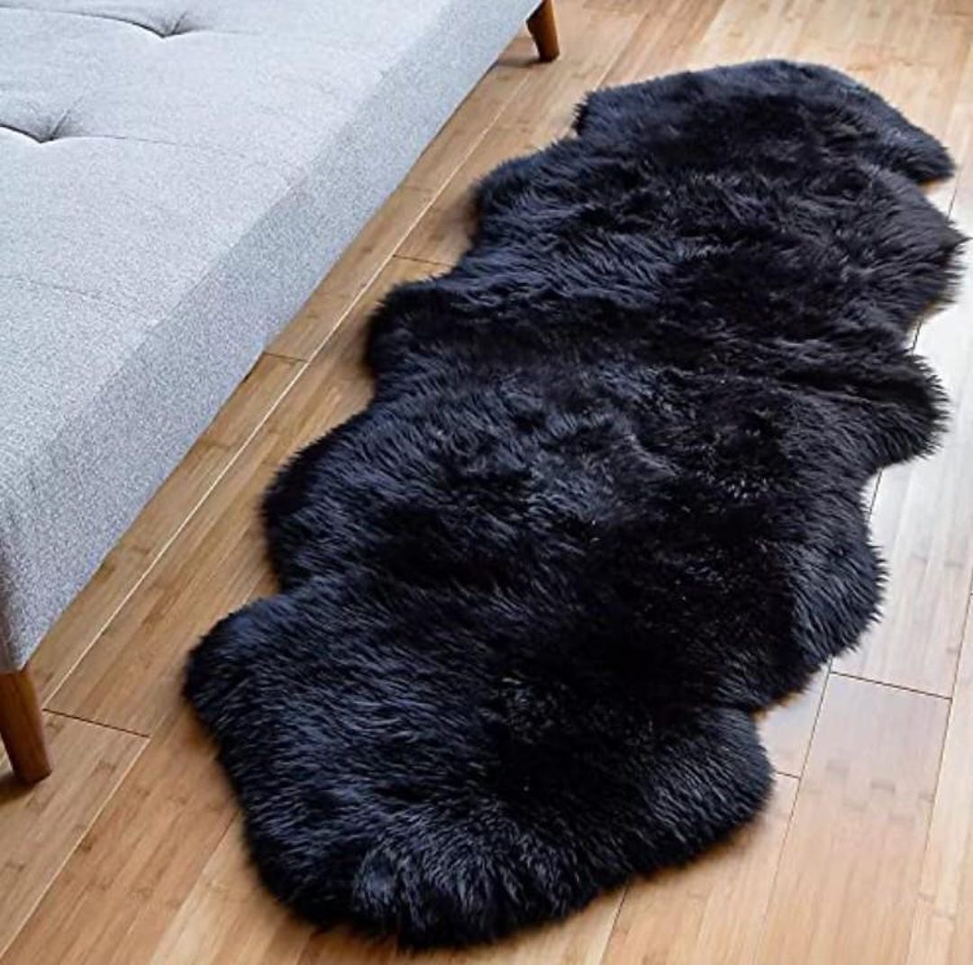 Dark Black Sheepskin Rug | Double Pelt Lambskin Runner 2x6 Ft - Etsy
