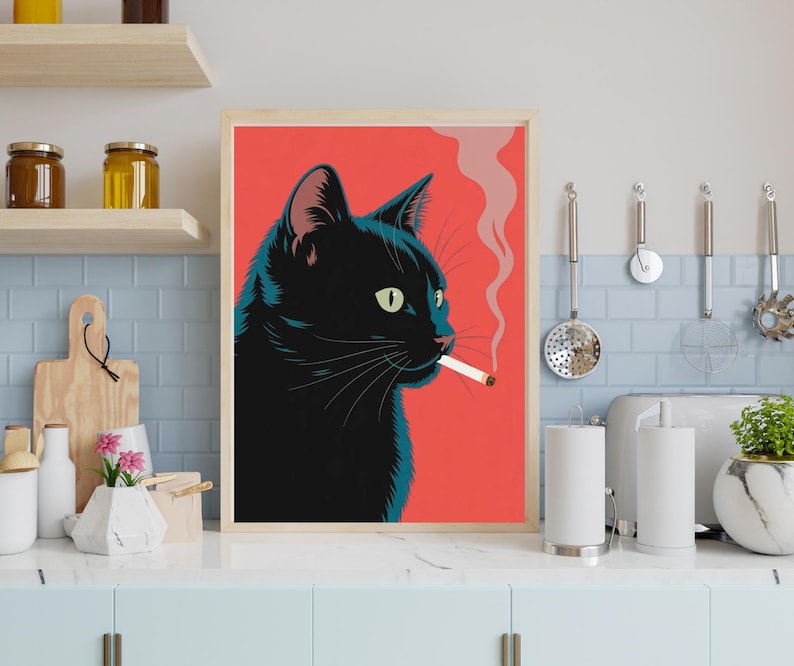 Vintage Black Cat Smoking Cigarette Wall Art , Retro Whimsical Print ...