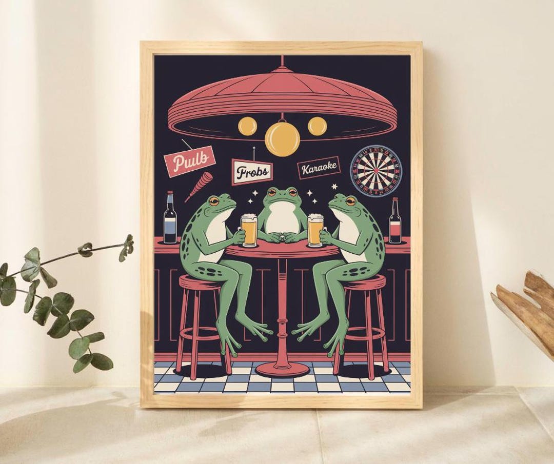 Whimsical Frog Animal Pub Wall Art Poster, Fun Bar, Karaoke & Tavern ...