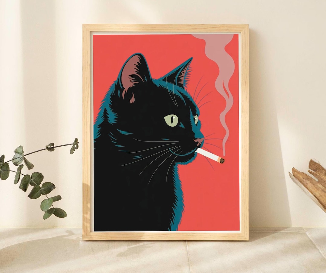 Vintage Black Cat Smoking Cigarette Wall Art , Retro Whimsical Print ...