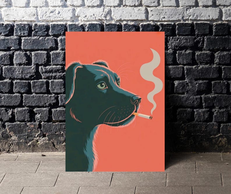Vintage Black Dog Smoking Cigarette Wall Art , Retro Whimsical Print ...