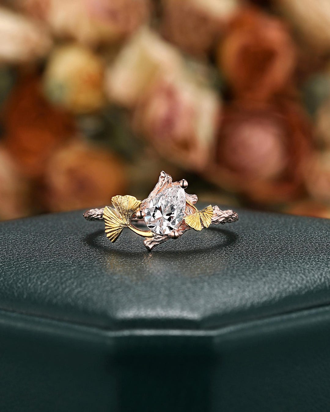 Gingko Leaf Moissanite Promise Ring: Two-tone Rose Gold Twig Engagement ...