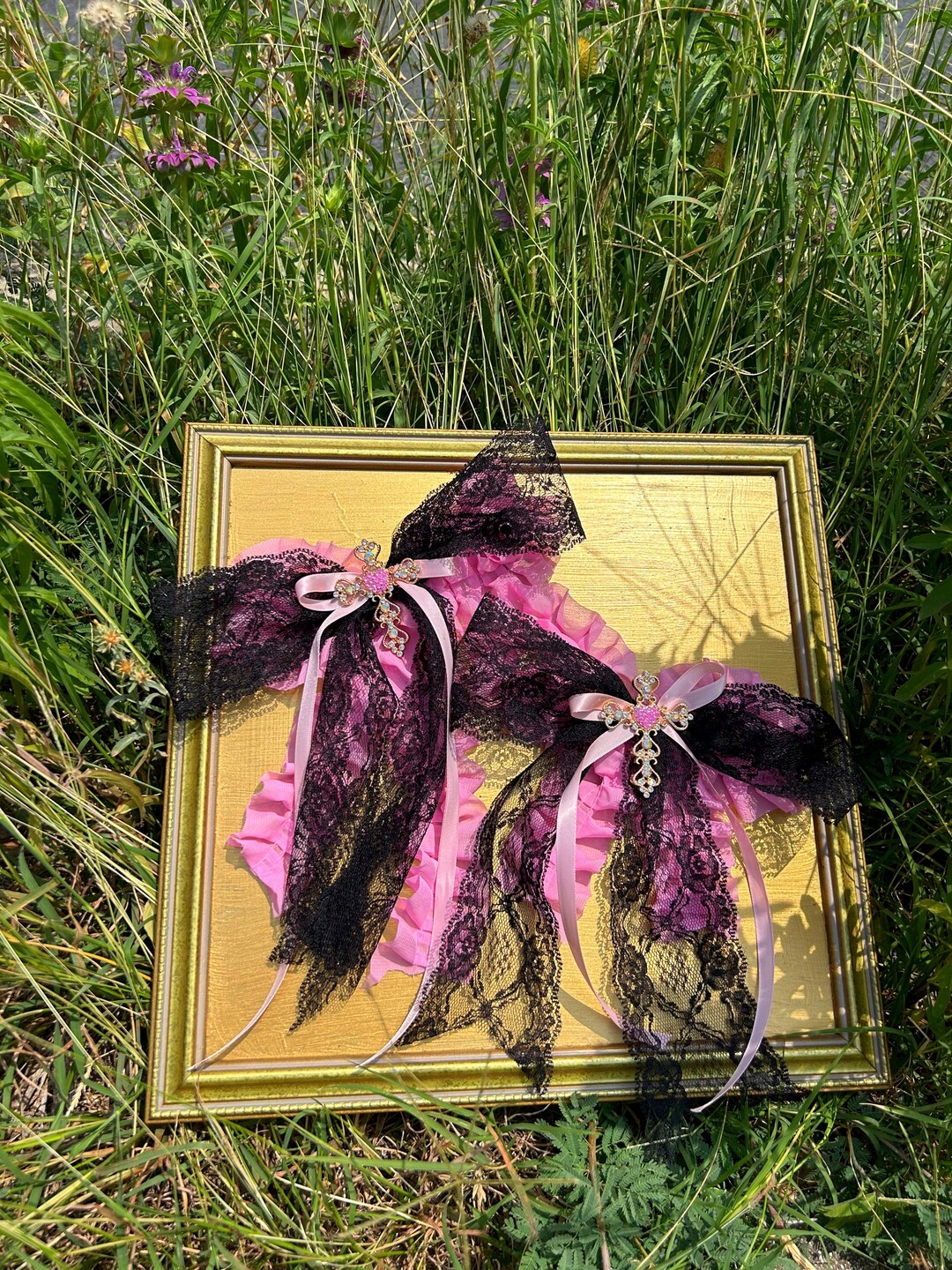 Lace Bows + Cross. Handmade Art Piece. Antique Frame. - Etsy