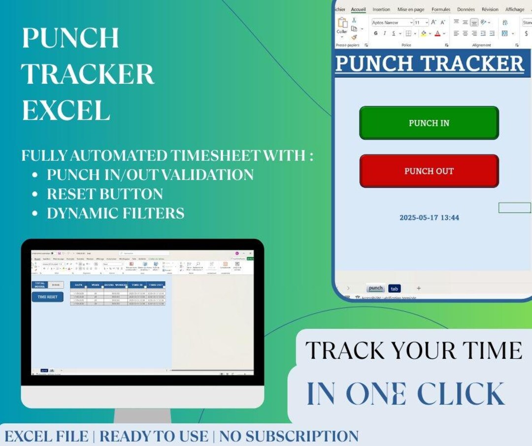 Punch Tracker Excel - Automated Timesheet Tool | Digital Timesheet for ...