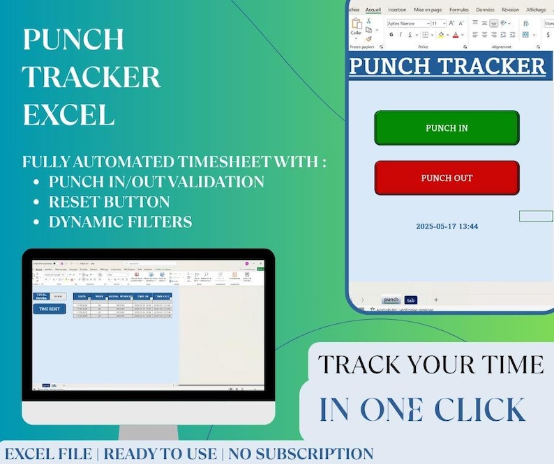 Punch Tracker Excel - Automated Timesheet Tool | Digital Timesheet for ...
