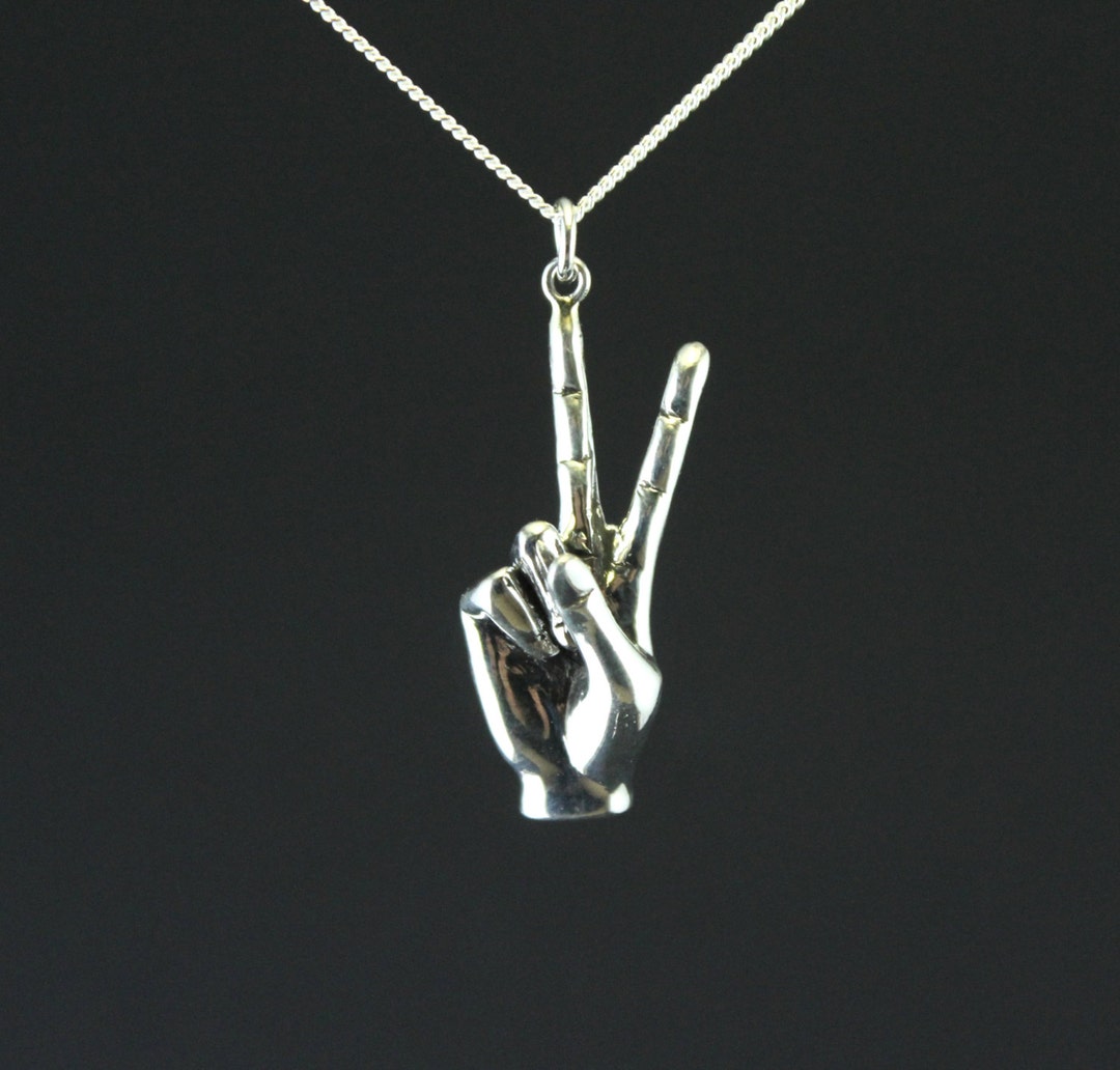 Peace Sign Necklace, Hand Gesture, Victory Sign, Sterling Silver Hand ...
