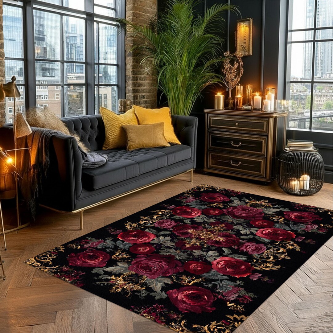 Gothic Rose Area Rug Dark Floral Carpet Moody Botanical Decor Washable ...