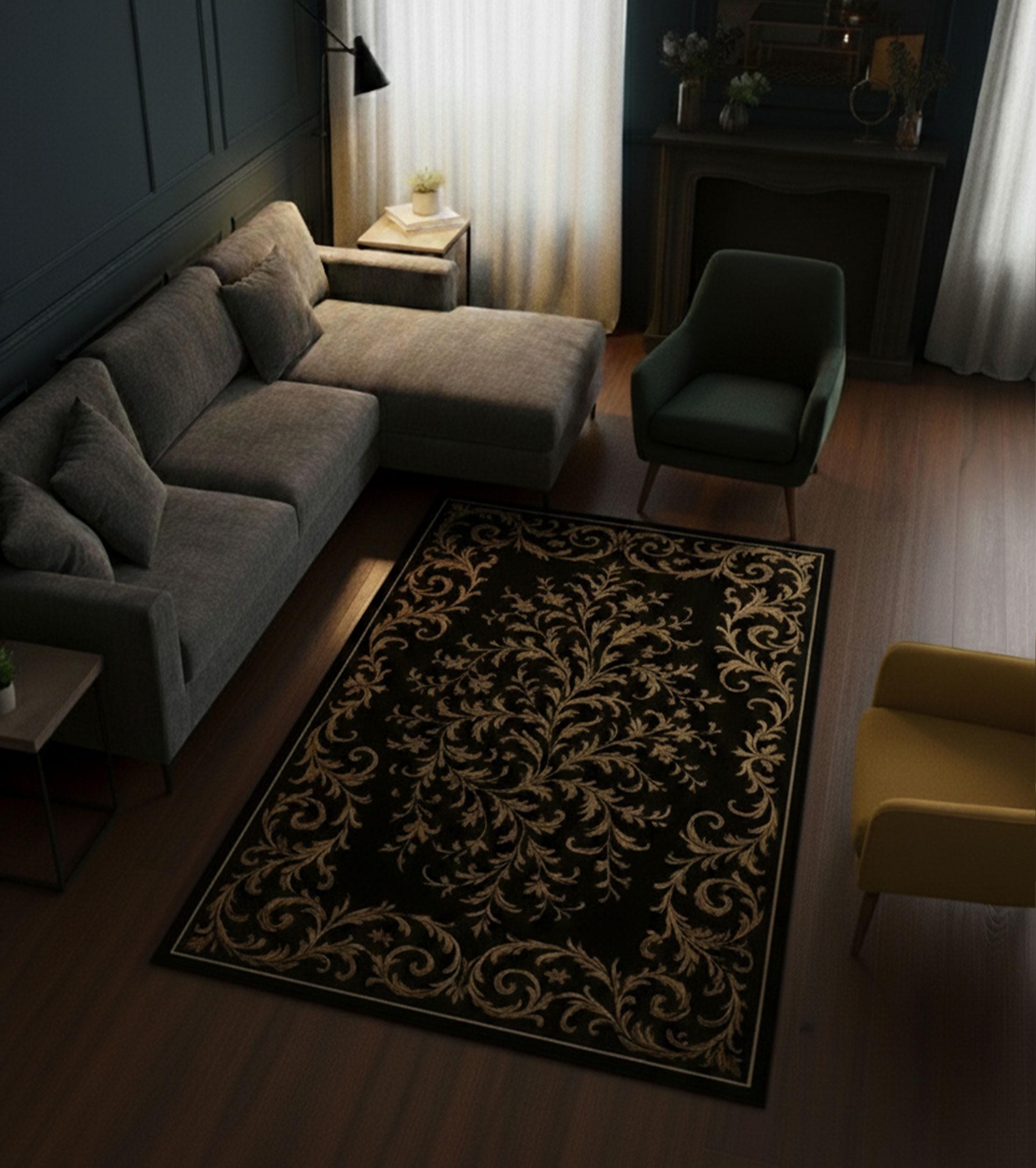 Black and Gold Baroque Rug, Royal Leaf Polyester Carpet - Etsy