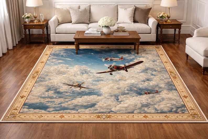 Round Airplane Rug Carpet, Vintage Aviation Art Circular Area Rug With ...
