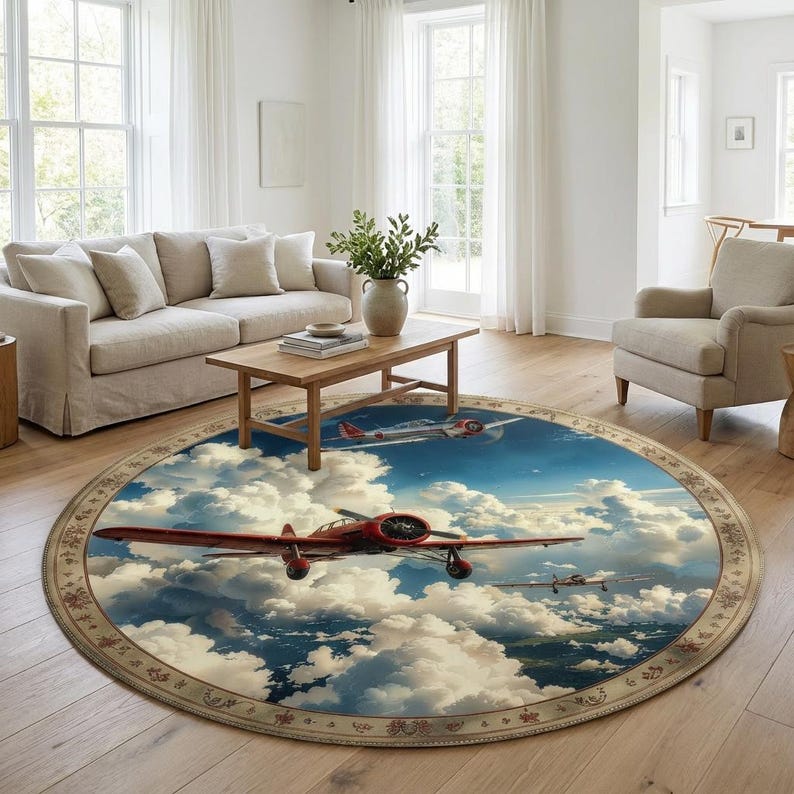 Round Airplane Rug Carpet, Vintage Aviation Art Circular Area Rug With ...